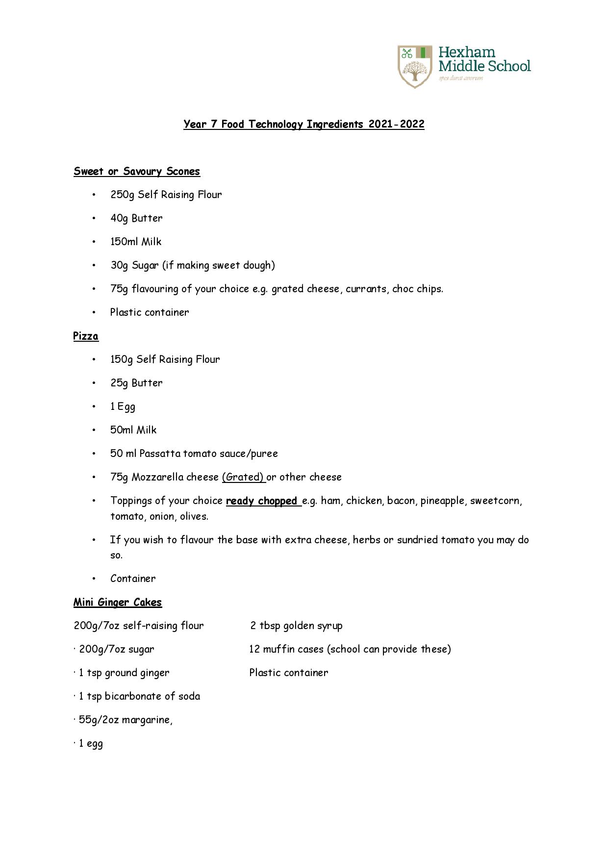 Food Technology Ingredients – Hexham Middle School