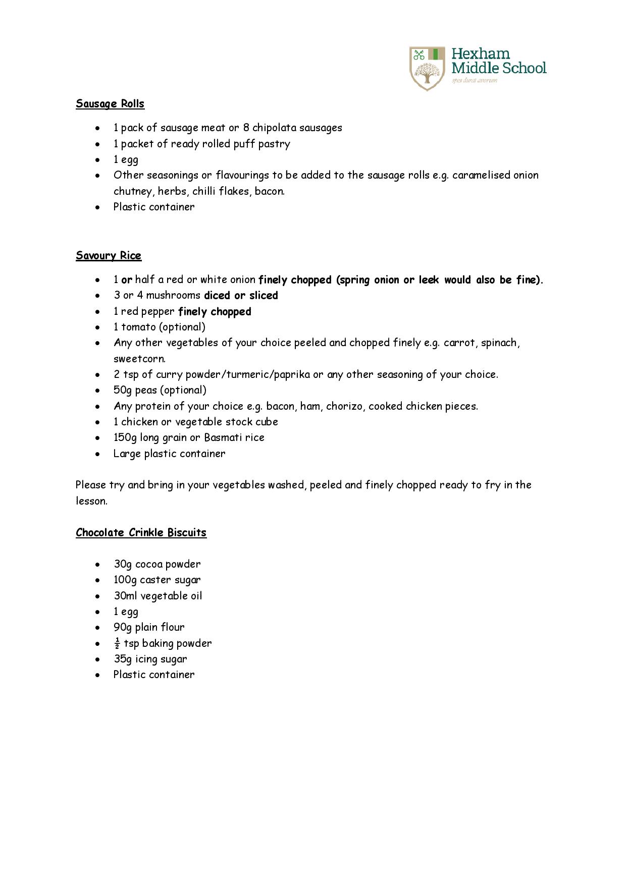 Food Technology Ingredients – Hexham Middle School