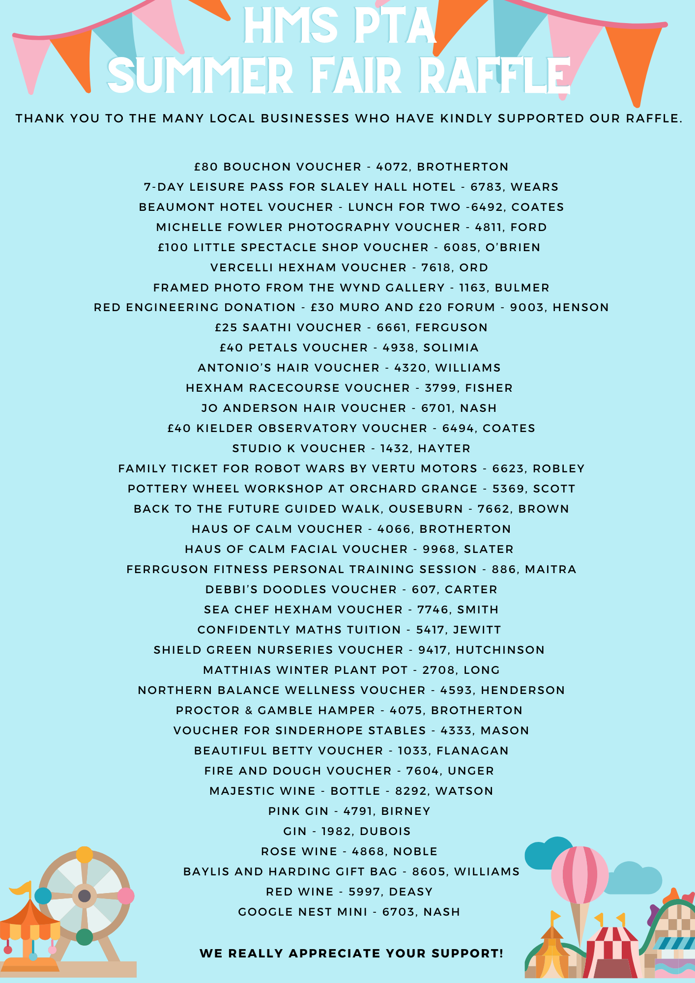 Summer Fair Raffle Winners – Hexham Middle School